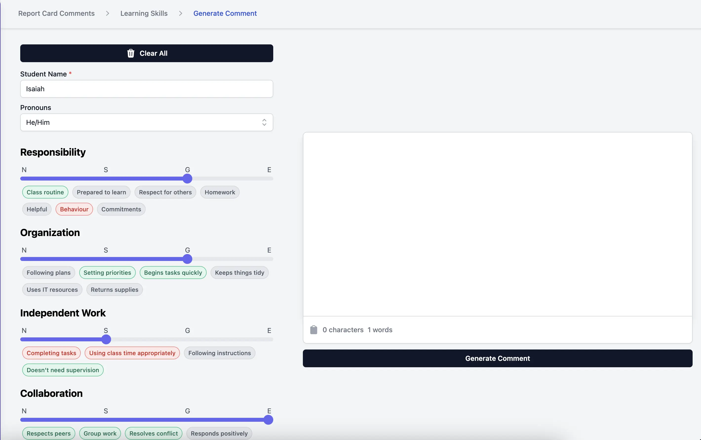 AI Learning Skills Comments for 👩‍🏫 Ontario Teachers